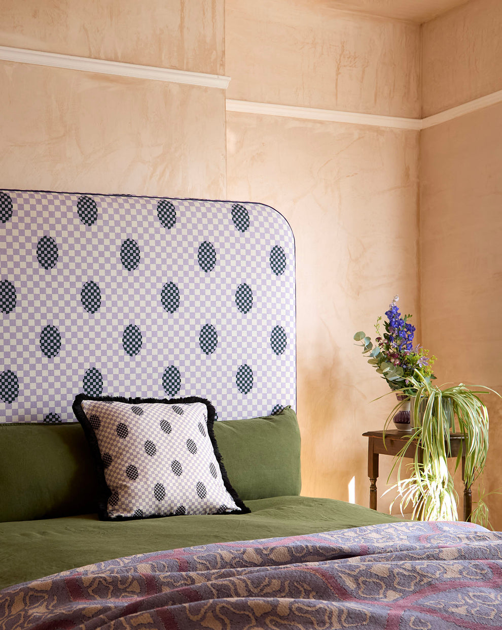 Curved Piped Headboard - Deco Checkers in Violet Veils - Micaela Sharp ...