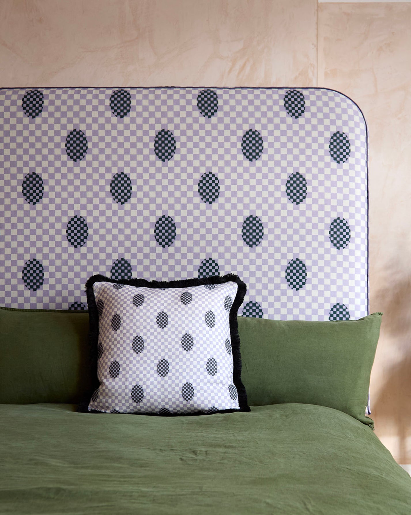 Curved Piped Headboard - Deco Checkers in Violet Veils - Micaela Sharp ...